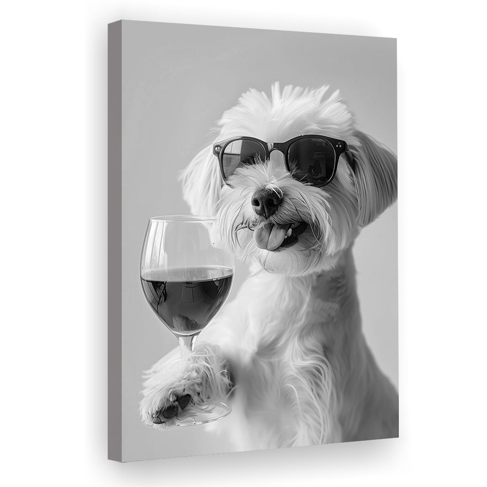 Maltese Holding Red Wine Canvas Print Wall Art, Black and White, Malte ...